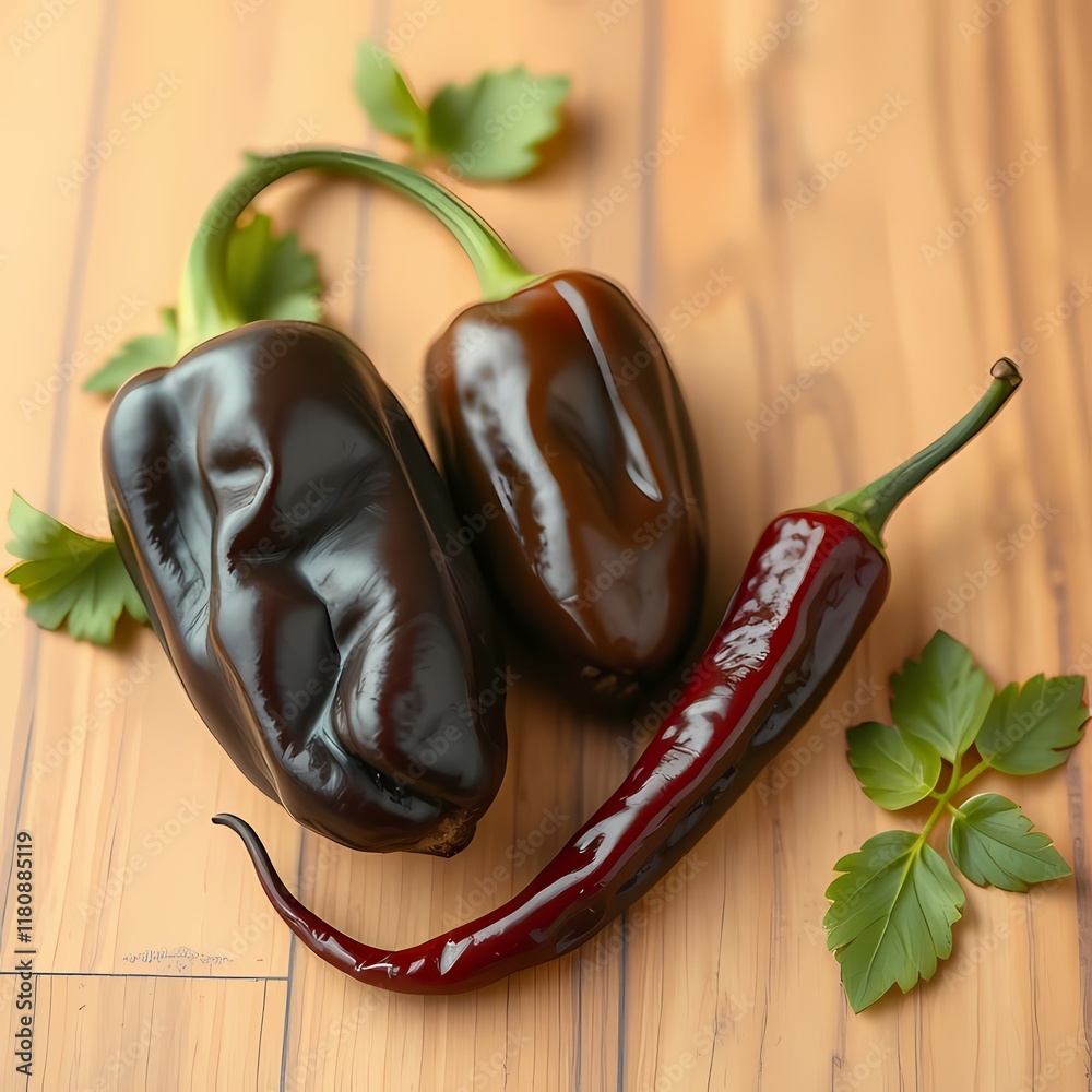Pasilla and guajillo chiles on wooden background / Chiles pasilla y ...