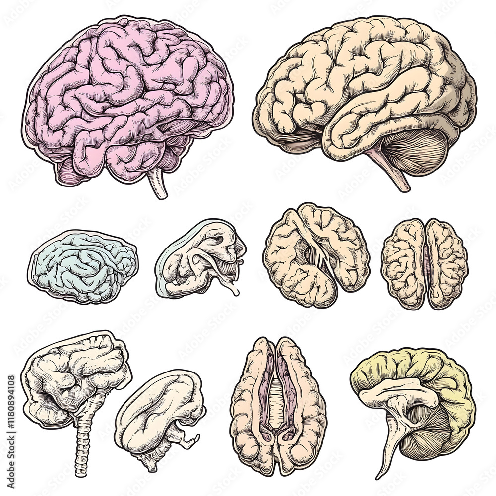 Labeled Human Brain Anatomy Diagram: Educational Color-Coded Scheme of ...