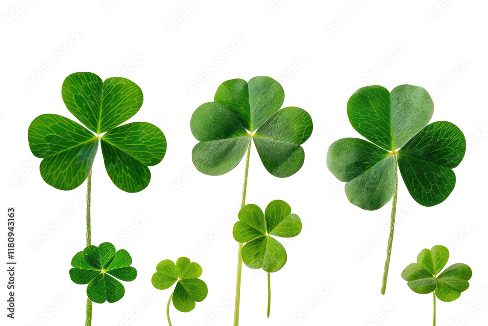 group of green four leaf clovers with stems on transparent background ...