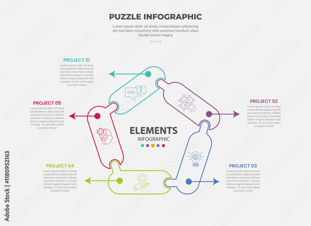 puzzle infographic outline style with 5 point template with round ...