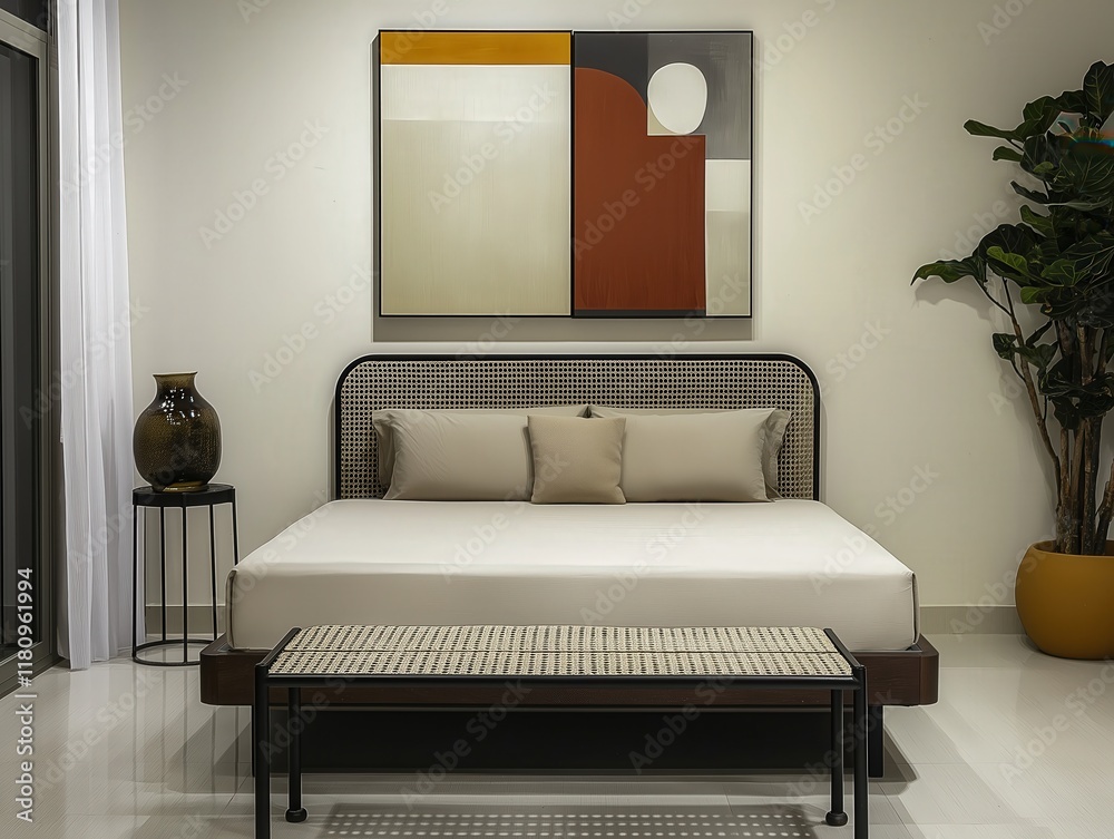 Generative AI, Modern minimalist bedroom with perforated metal bed ...