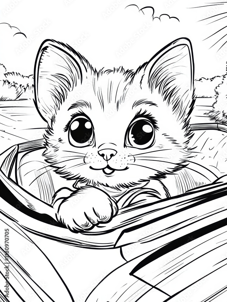 Cat in a Car Coloring Page: Adorable cat behind the wheel, ready for ...