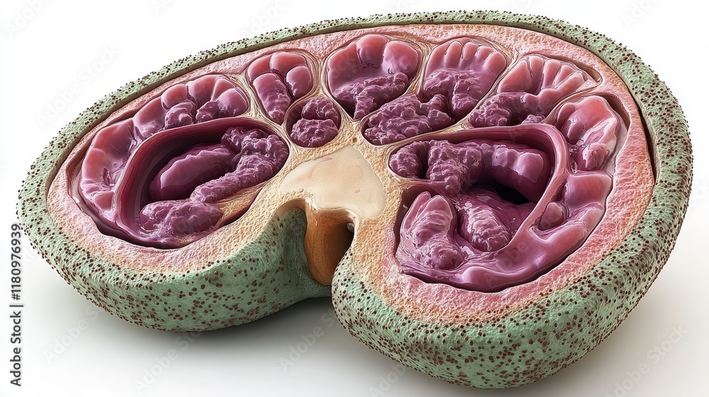 Cross-section of a kidney showing internal structures and nephrons ...