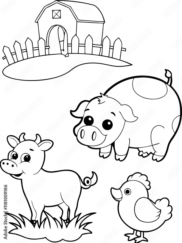 Farm Animals Coloring Page Pig, Calf, Chick, Barn Ready-to-print ...