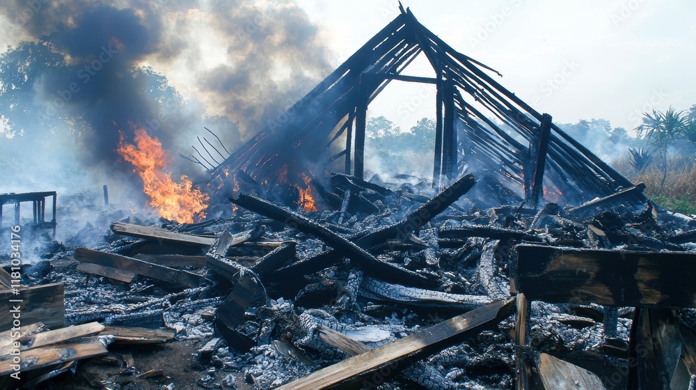 A charred structure smolders amidst smoke and flames, depicting the ...