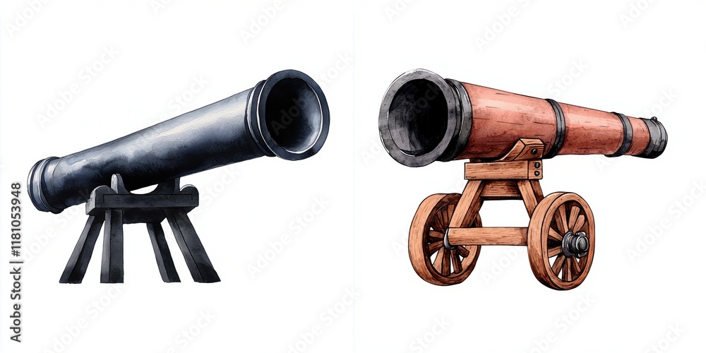 Civil war rebellion concept. Two historical cannons displayed side by ...