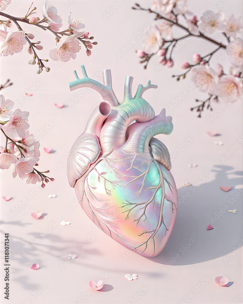 Anatomic model of glossy iridescent human heart with pink cherry ...