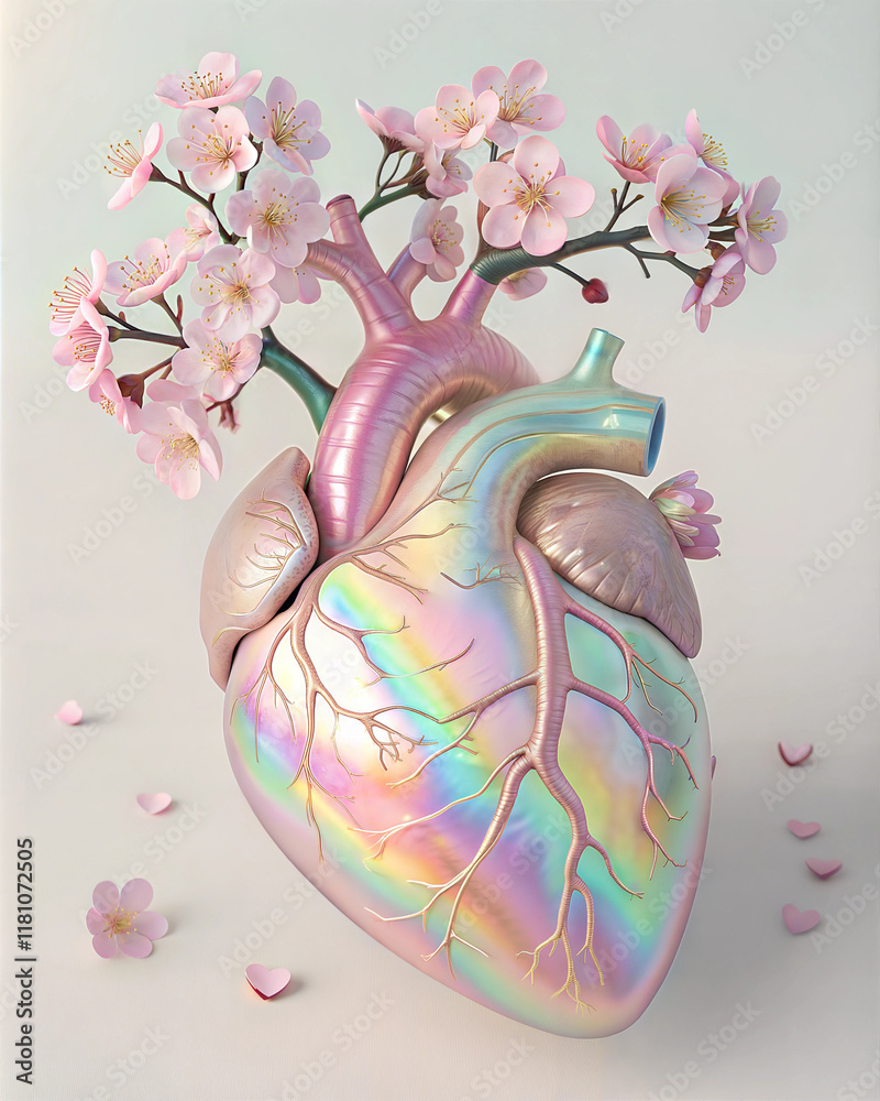 Anatomic model of glossy iridescent human heart with pink cherry ...