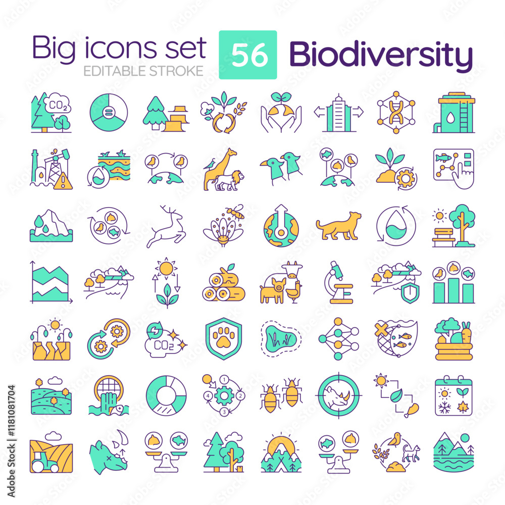 Biodiversity RGB color icons set. Species diversity. Ecosystem services ...