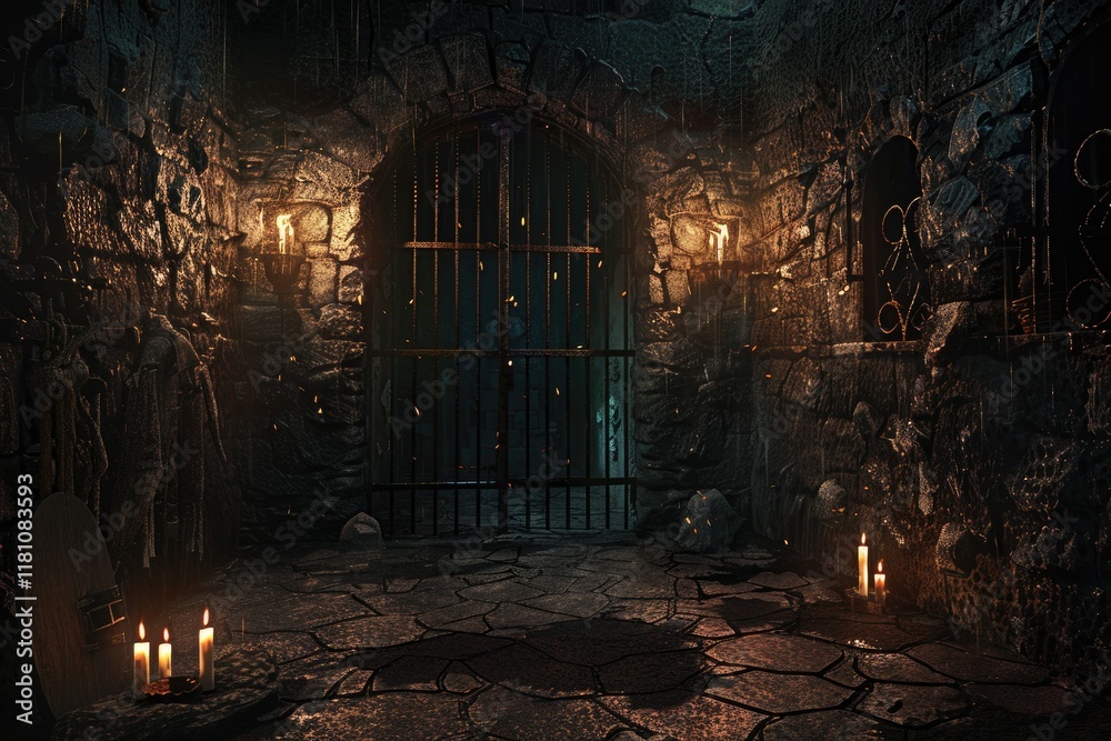 Ultra Hd Visual of Dark Dungeon with Candles and Bars on the Door Stock ...