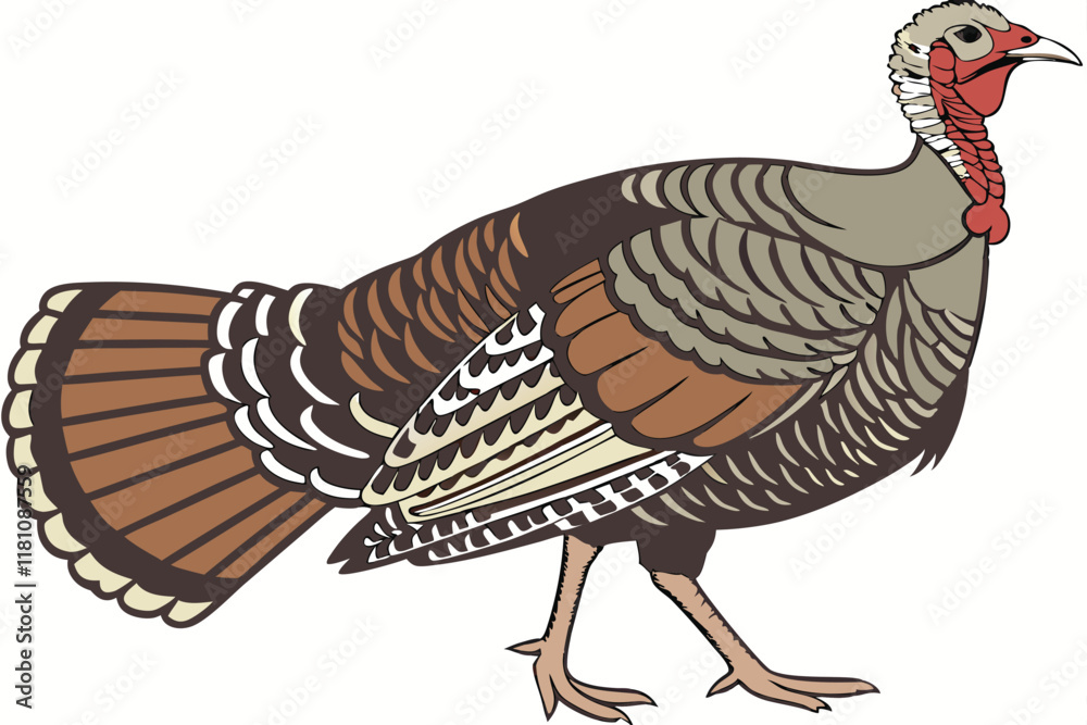 Turkey, wild turkey, detailed feathers, fanned tail, red wattle, white ...