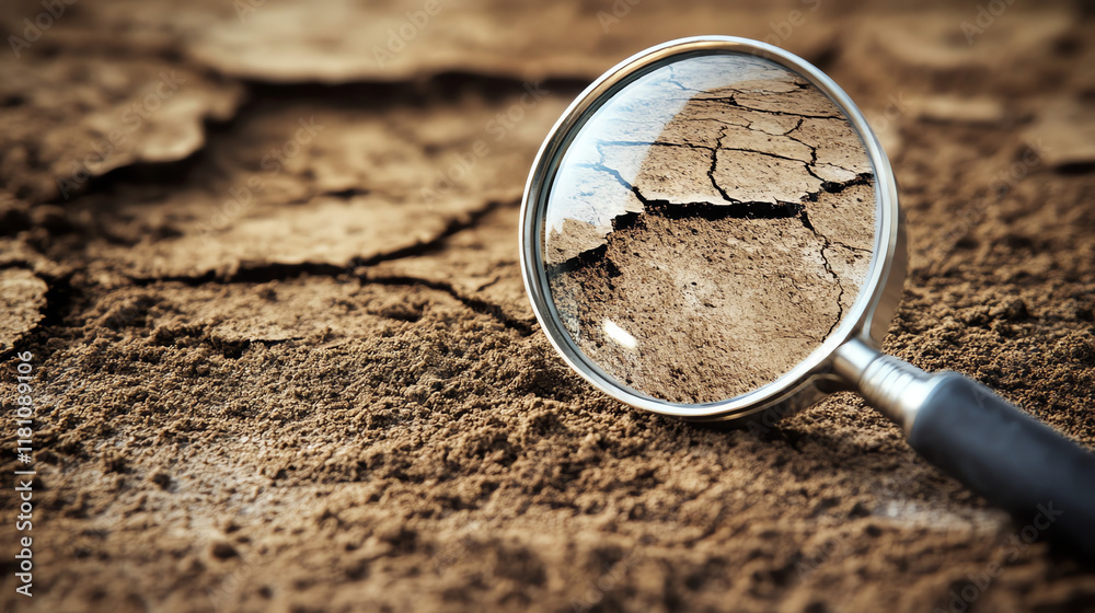 Magnifying glass over dry ground. Illustrates environmental study and ...