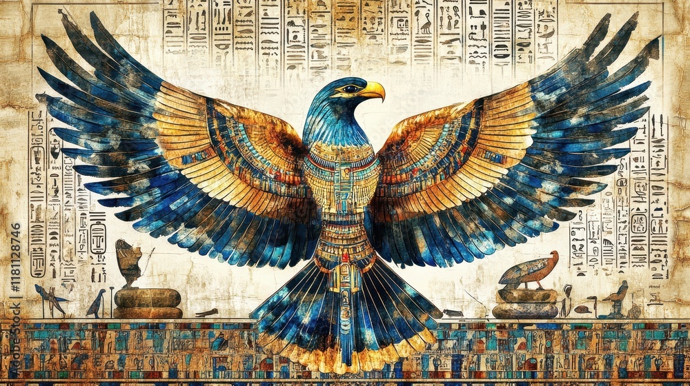 Vibrant Egyptian Hieroglyphs and Majestic Eagle in Intricate Art Stock ...
