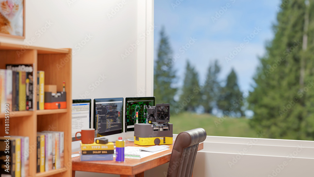 3D render: View of robot engineer's desktop , Model of AGV (automated guided vehicle) is being ...