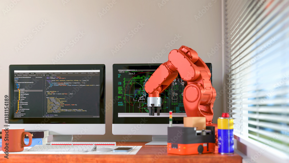 3D render: View of robot engineer's desktop , Model of AGV (automated guided vehicle) with Cobot ...