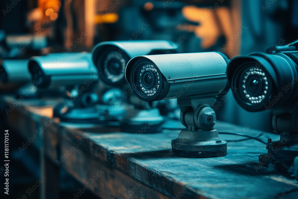 Modern surveillance CCTV cameras on a table background, installation of ...