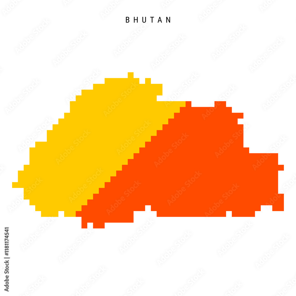 Bhutan pixel flag map icon. 8 bit pixel art Bhutanese map covered with ...