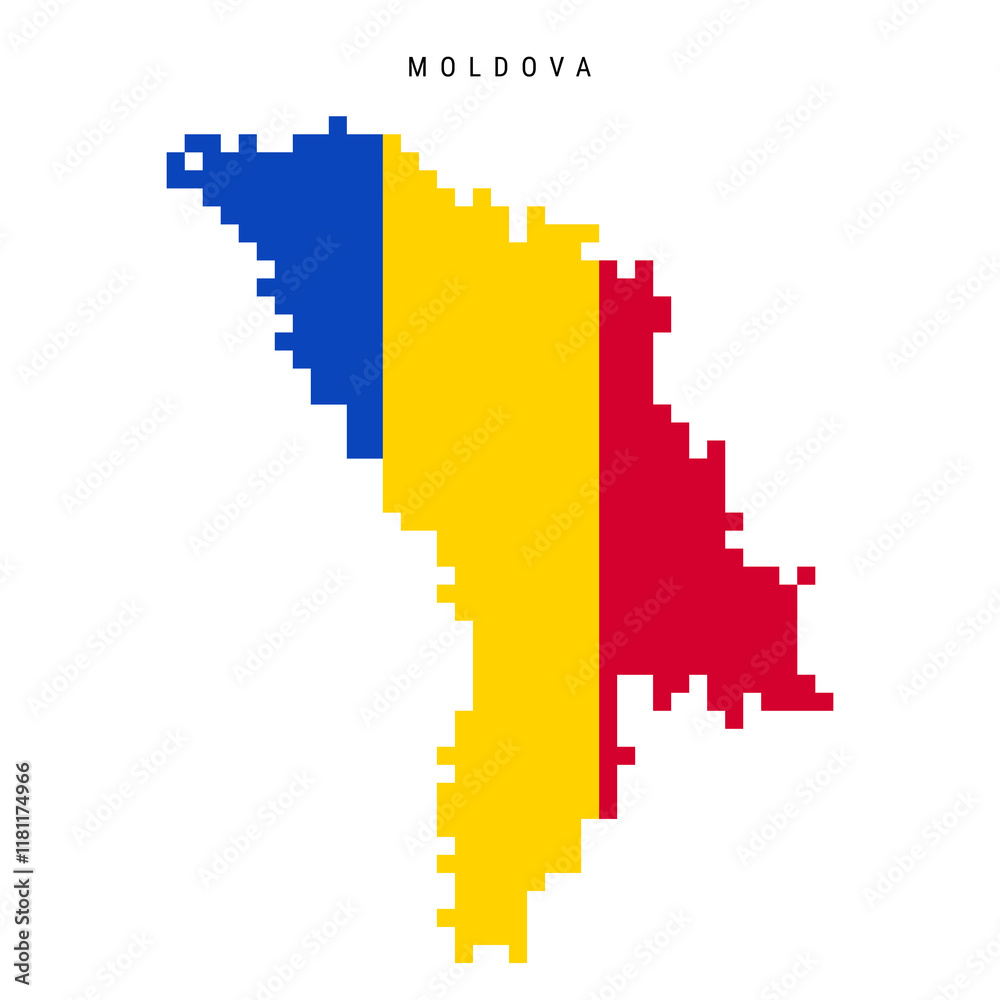Moldova pixel flag map icon. 8 bit pixel art Moldavian map covered with flag. Flat vector ...