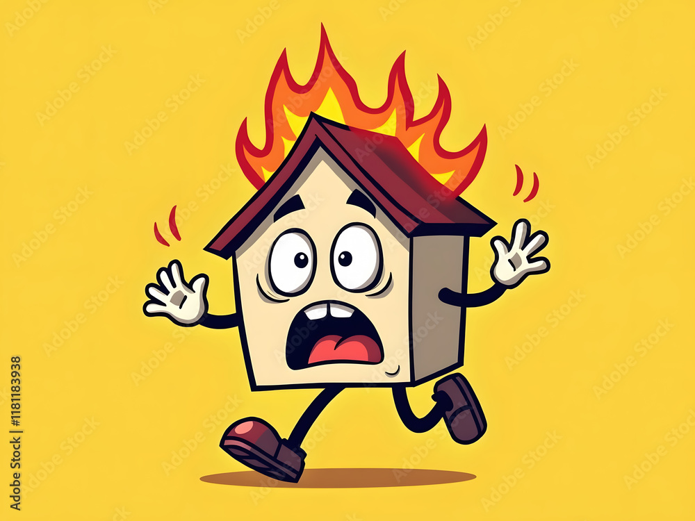 Cartoon House Mascot on Fire with Distressed Expression, Burning Car ...