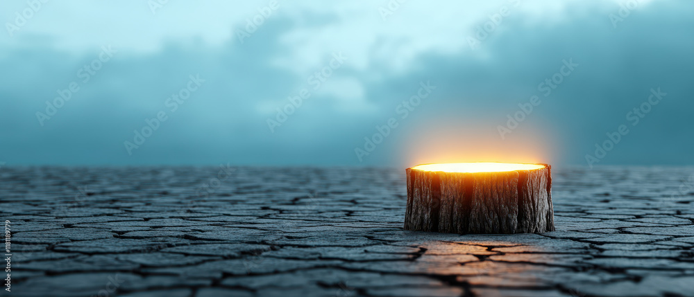 glowing tree stump on cracked ground under cloudy sky creates surreal ...