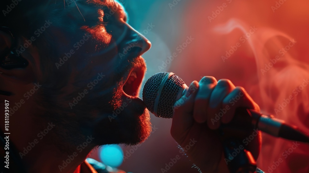Dynamic Performer: A singer on stage, passionately belting powerful ...