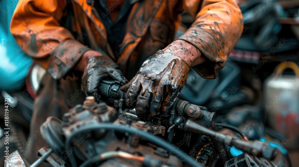 Resourceful Mechanic: A mechanic with grease-covered hands, using their ...