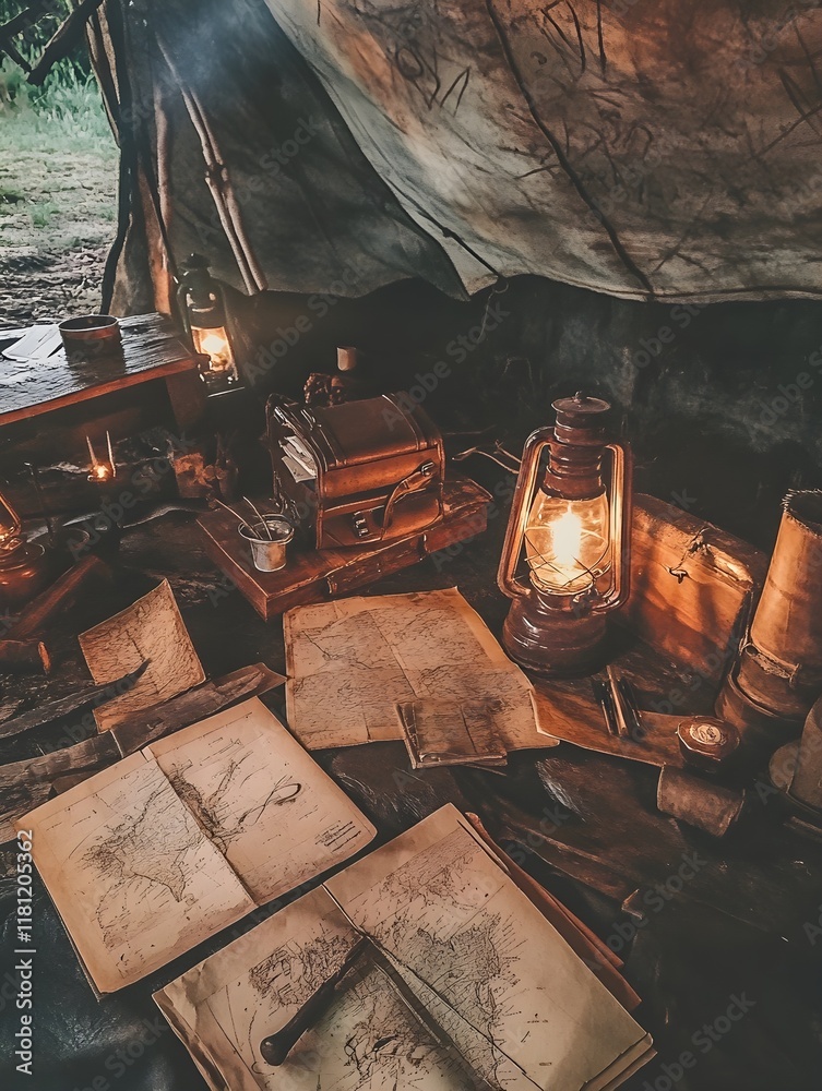 explorer’s camp in the 1800s with maps, journals, and lanterns ...