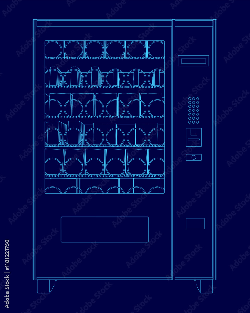 Vending machine with a blue background. The vending machine is full of ...