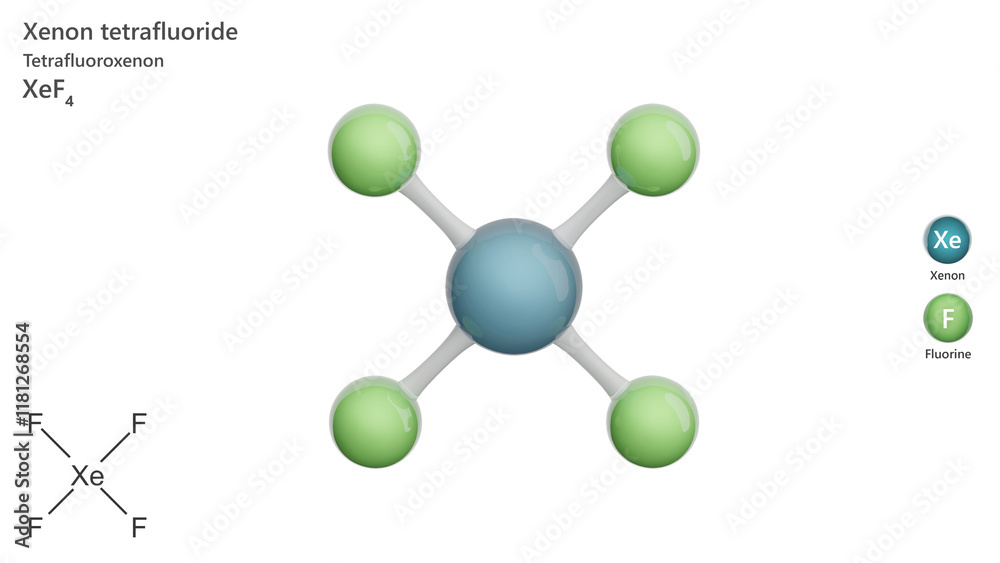 Molecule: Xenon Tetrafluoride. Molecular structure. Formula: XeF4. Chemical model: Ball and ...
