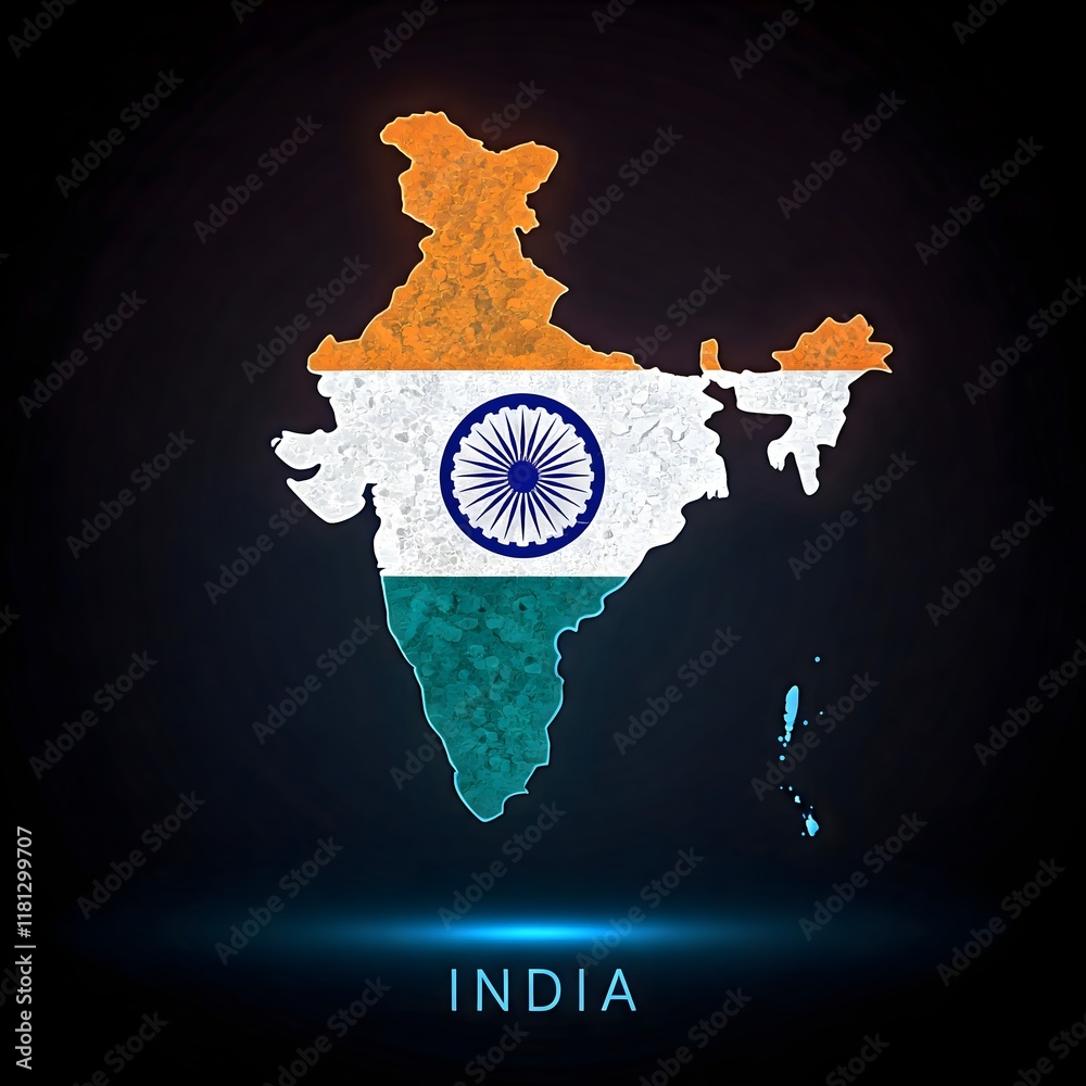 Illustration Stock india map on black background, glowing neon outline ...