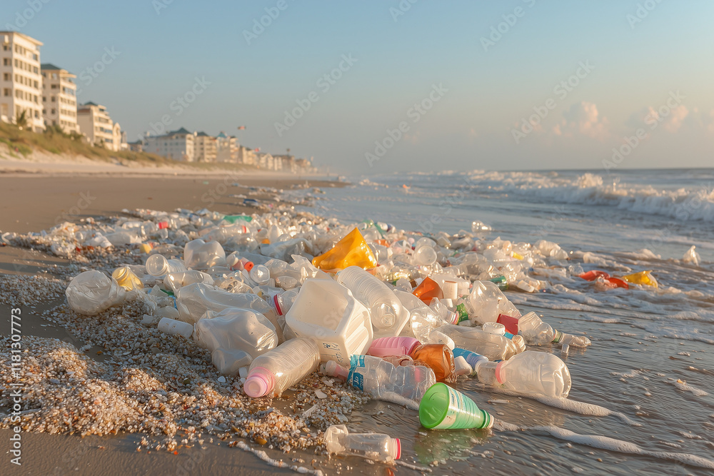 A vivid image of plastic pollution on the beach, highlighting the ...
