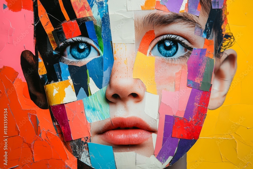 Stock-Foto „Toddler, collage art and creative child face made of paper ...