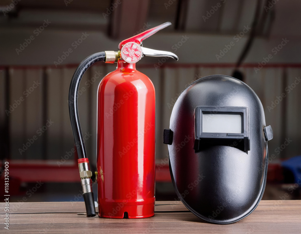 Fire safety equipment including a red fire extinguisher and a black ...