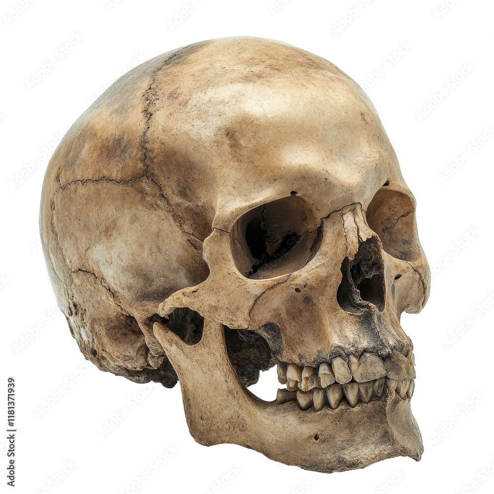 Human skull with teeth, cranial sutures and bone structure isolated on ...