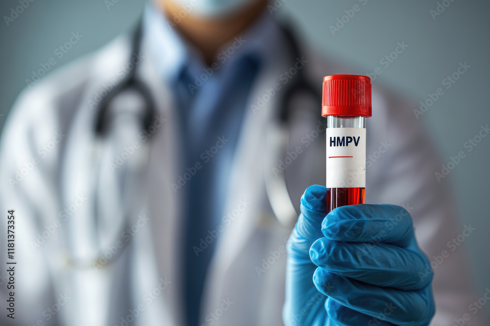 Doctor holding a test blood sample tube with Human metapneumovirus ...