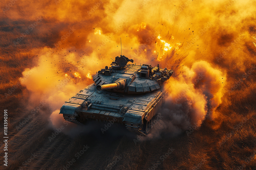 A powerful explosion erupts as a shell strikes a tank turret, sending ...