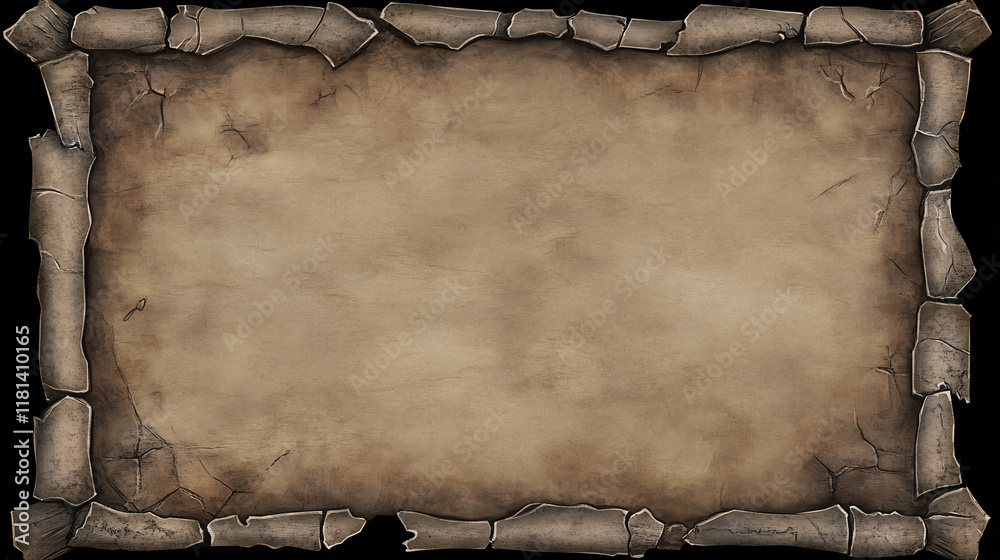 An aged parchment-style paper with a torn stone-like border on a black ...