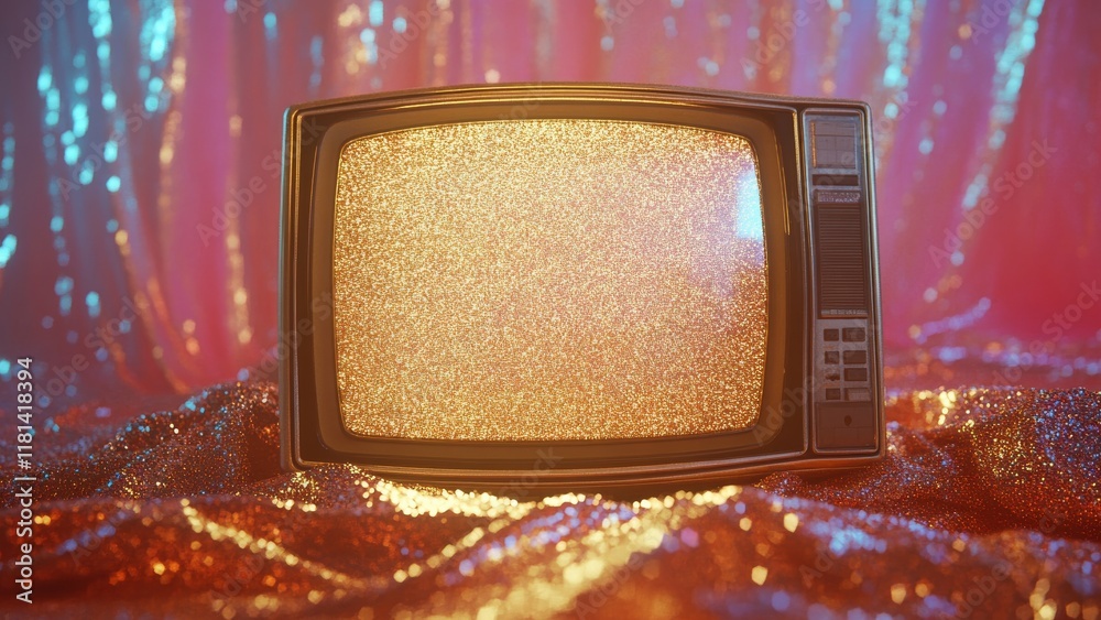Vintage television glowing with static on sparkling background Stock ...