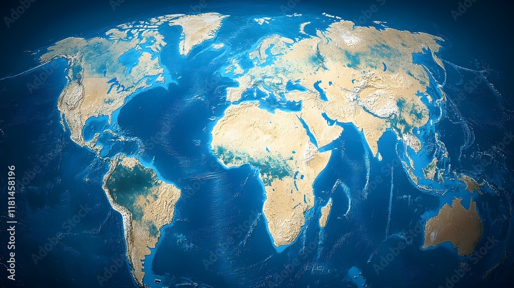 A detailed topographic map of planet Earth showing continents and ...