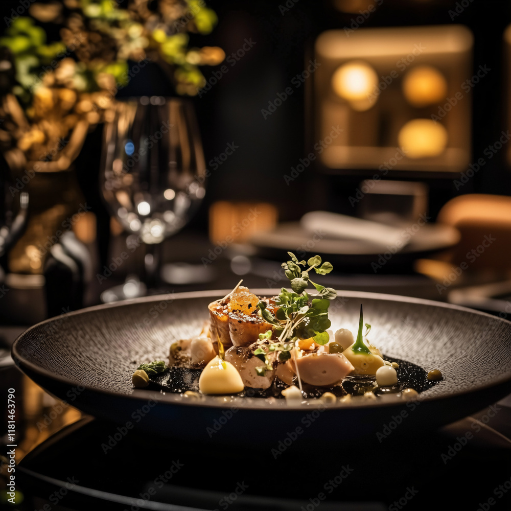 Gourmet Fine Dining Dish with Wine in Elegant Restaurant Setting Stock ...