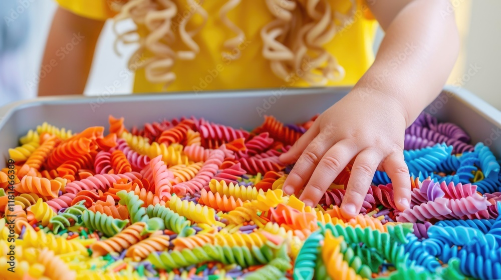 Child exploring colorful pasta sensory play activity for development ...