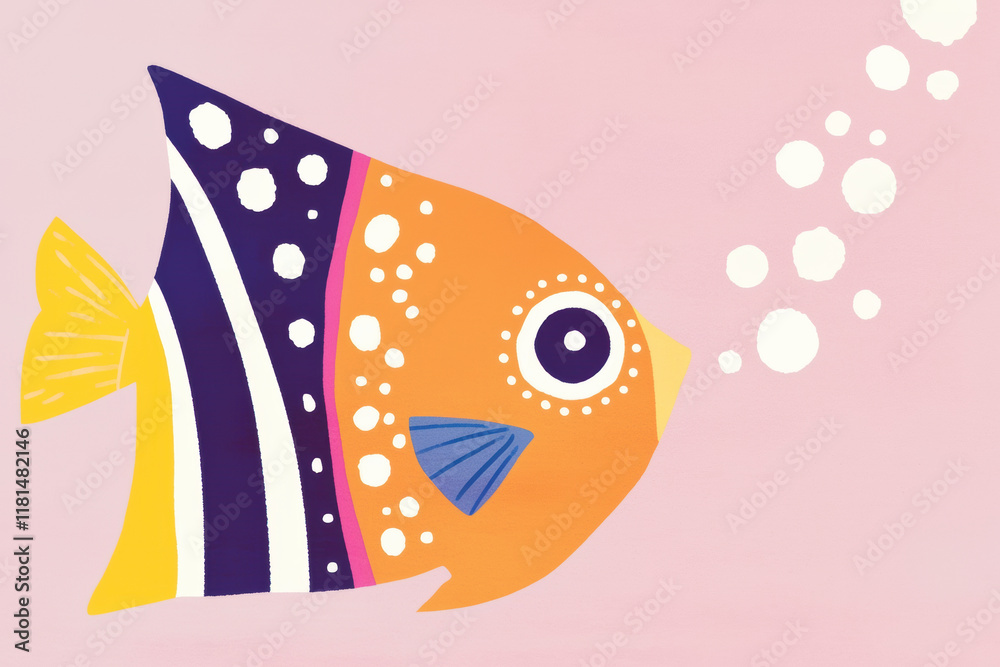 Colorful cartoon fish with bubbles on pink background, playful design ...
