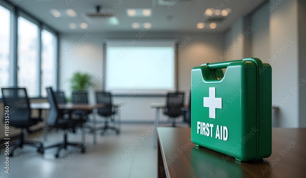 Green first aid kit in corporate meeting room Stock Photo | Adobe Stock