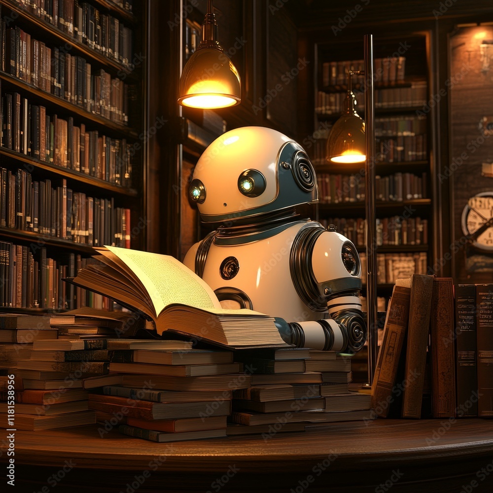 Retro Robot Reading in Library Digital Art, Book Stack, Steampunk ...