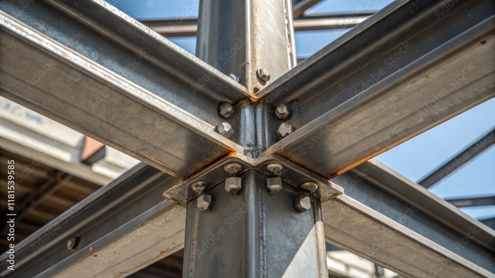 A closeup captures a structural joint where multiple steel trusses meet ...