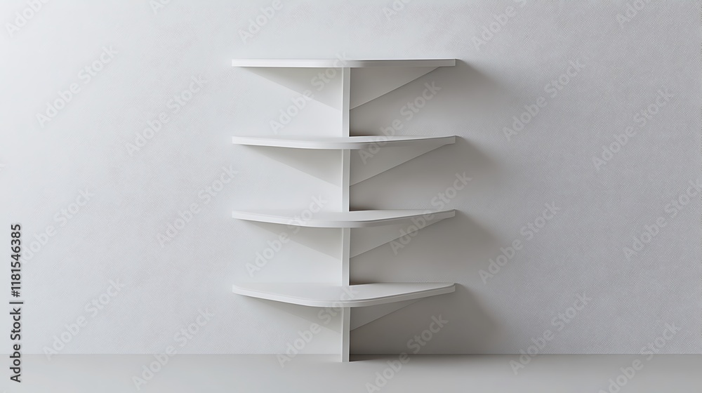 Corner shelf with a sleek white design and five tiers isolated on a ...