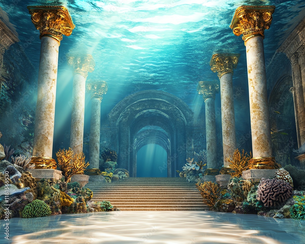 Sunbeams illuminate an underwater palace with golden columns, arched ...