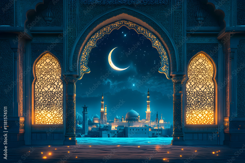 Beautiful Islamic Mosque View Through Ornate Arch with Crescent Moon ...
