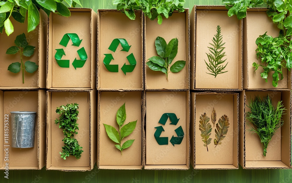 Artistic ecofriendly icons on corrugated cardboard boxes, displaying ...