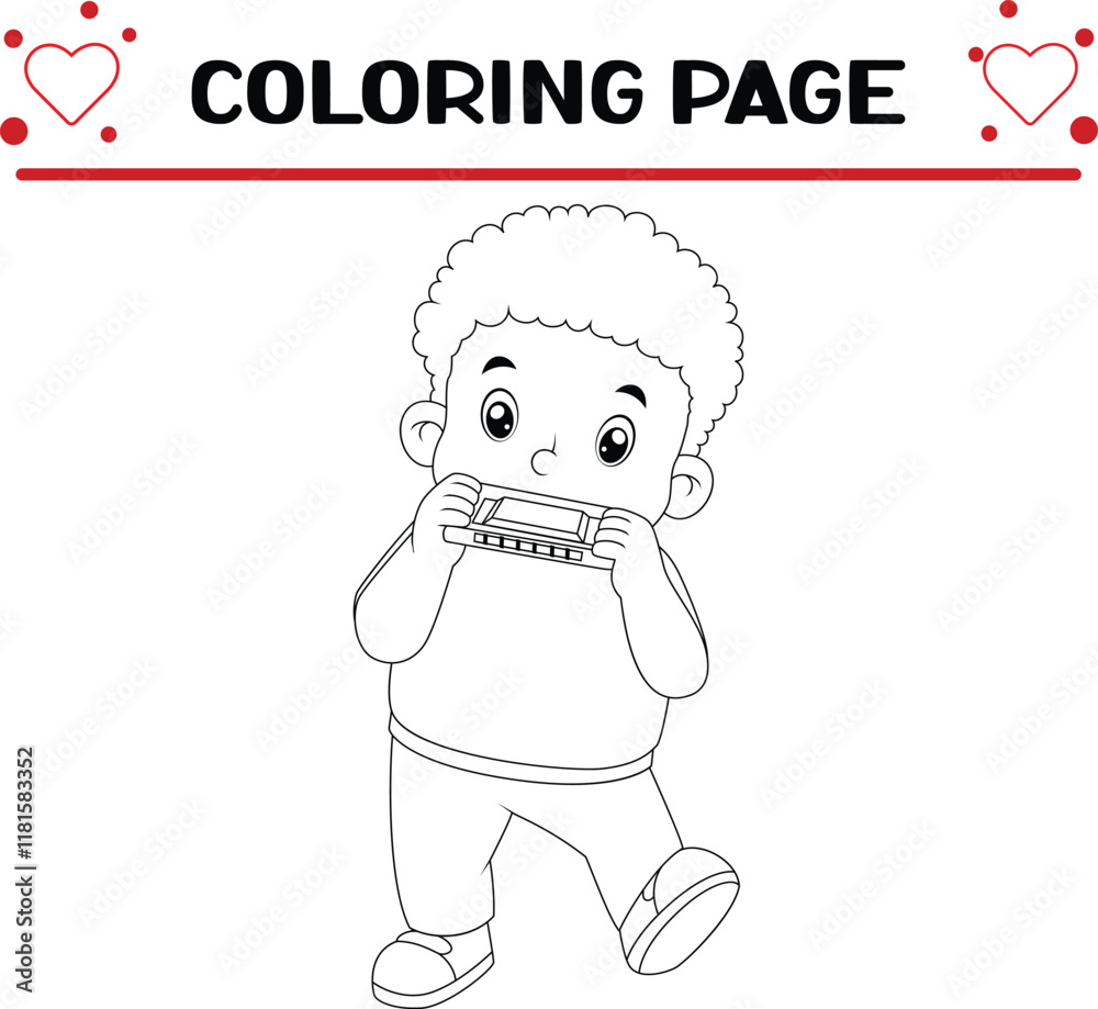 cute african boy plays harmonica seriously coloring page for kids Stock ...